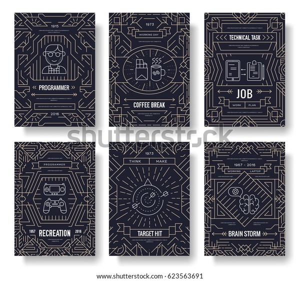 Geeks Thin Line Brochure Cards Set: เวกเตอร์สต็อก (ปลอดค่าลิขสิทธิ์ ...