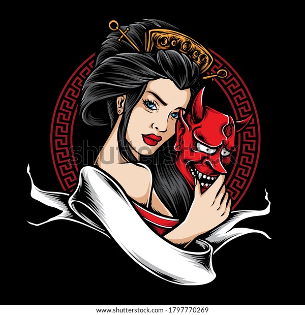 Geisha Holding Oni Mask Vector Stock Vector (Royalty Free) 1797770269 ...