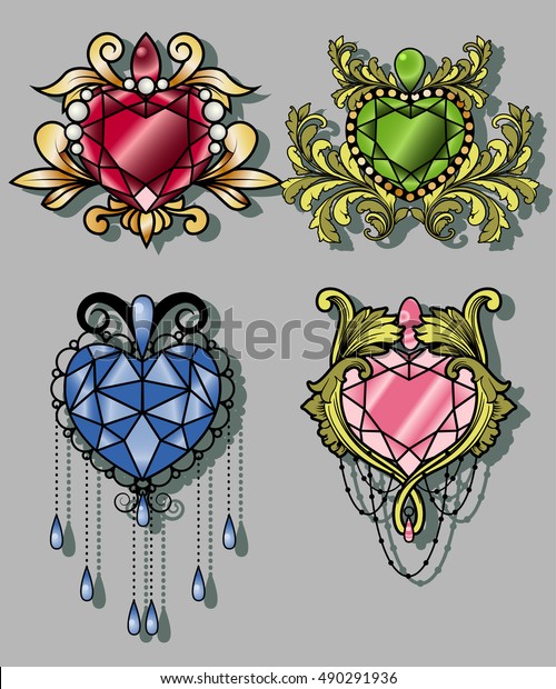 Gemstone Heart Set Gem Diamond Traditional Stock Vector (Royalty Free ...