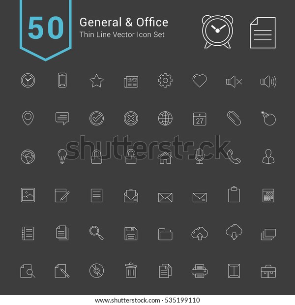 General and Office Icon Set. 50 Thin Line Vector Icons.