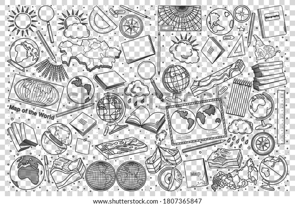 Geography doodle set. Collection of hand drawn sketches templates ...