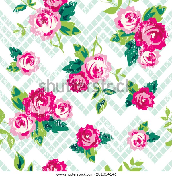 Geometric Chevron Floral Pretty Roses Seamless Stock Vector (Royalty ...