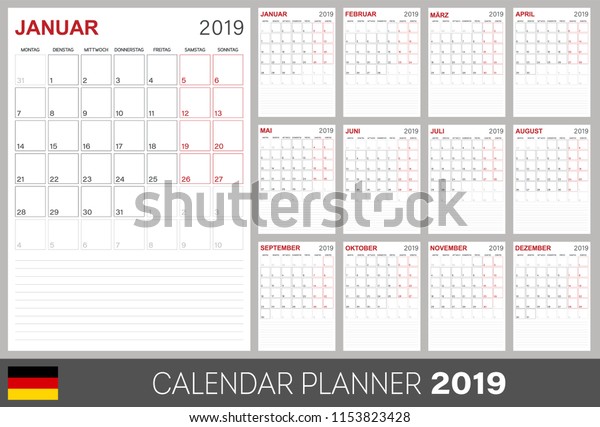 German Calendar Planner 2019 Week Starts Stock Vector (Royalty Free ...