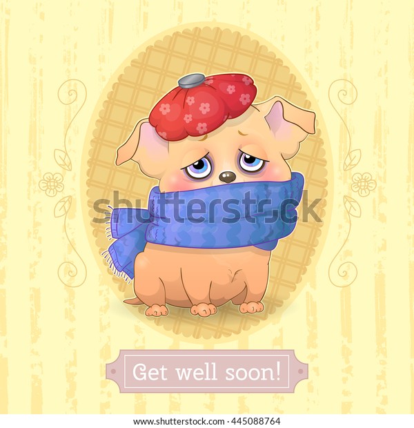 "Get well soon!" cartoon vector greeting card with cute sick little ...
