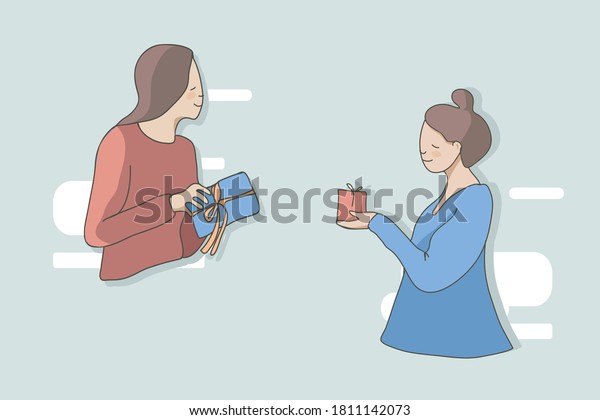 Gift Exchange Vector Illustrations Girls Who Stock Vector (Royalty Free ...