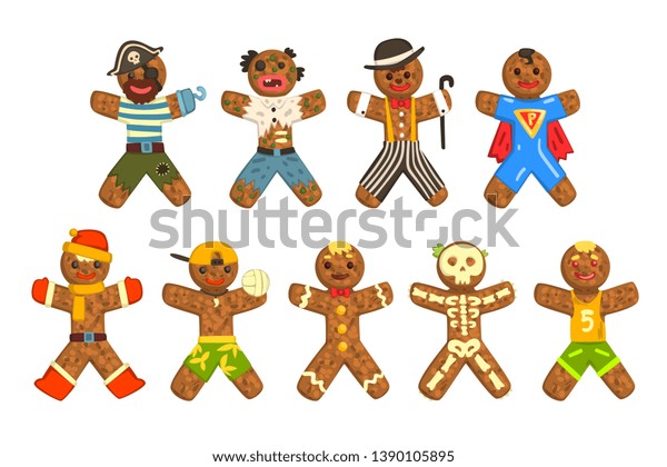 Gingerbread Men Wearing Different Costumes Set Stock Vector (Royalty ...