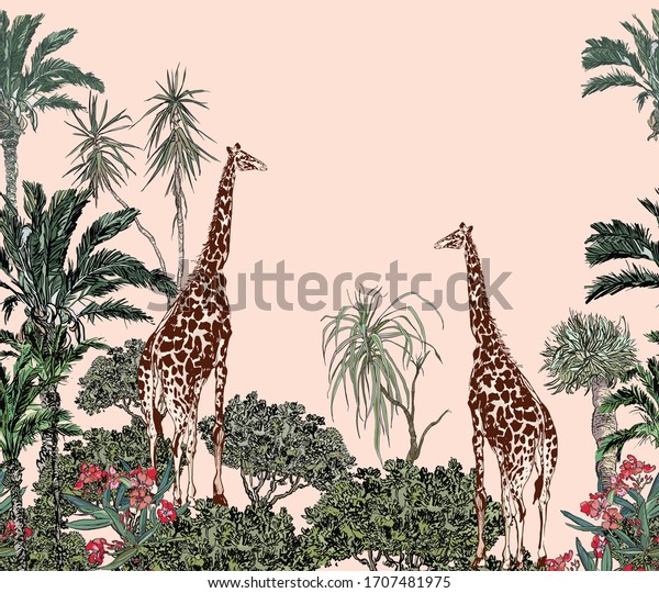 Giraffe Animals Palm Trees Hand Drawn: immagine vettoriale stock ...