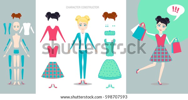 Girl Character Creation Set Cartoon Vector Flat Style Infographic