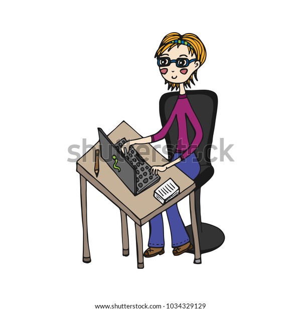 Girl Computer Vector Cartoon Sketch Drawn Stock Vector (Royalty Free ...