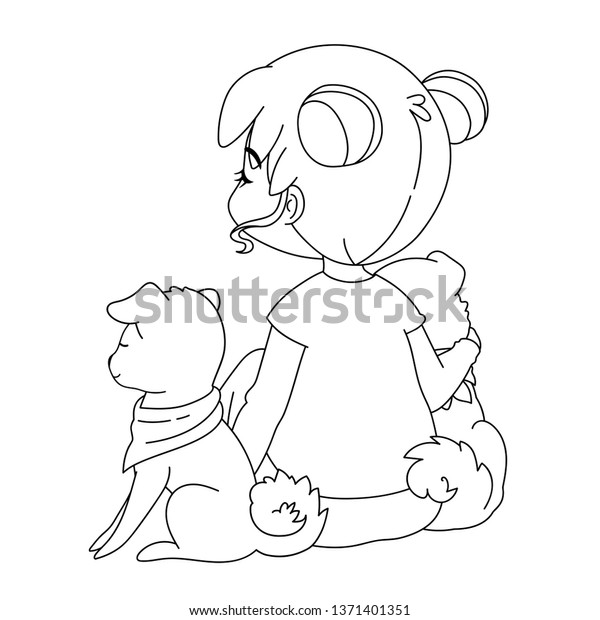 Girl Hugging Two Dogs Linear Cartoon Stock Vector (Royalty Free ...