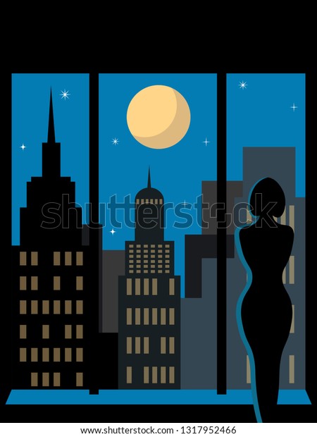 Girl Night Window Stock Vector (Royalty Free) 1317952466 | Shutterstock