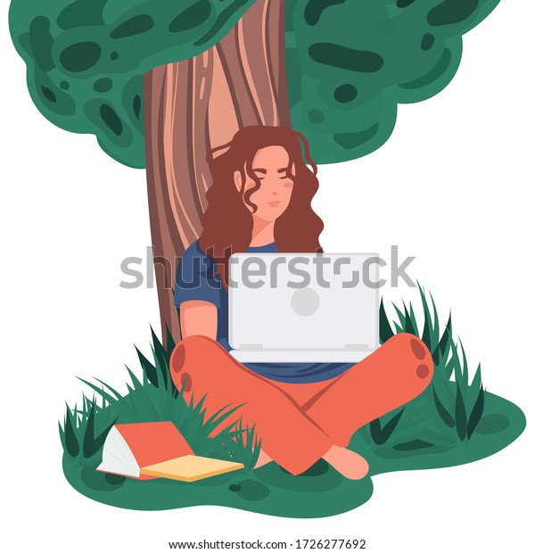 Girl Notebook Under Tree Freelance Concept Stock Vector (Royalty Free ...