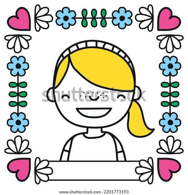 Girl Portrait Flower Border Vector Illustration Stock Vector (Royalty ...