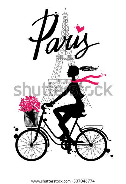 Girl Rides Bicycle Paris Vector Hand Stock Vector (Royalty Free) 537046774