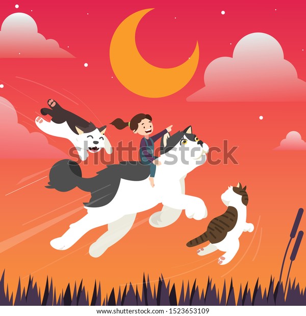 Girl Riding Cat Vector Illustration Stock Vector (Royalty Free ...