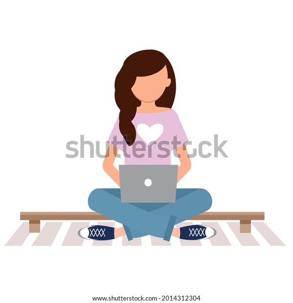 Girl Sitting Computer On Bench Vector Stock Vector (Royalty Free ...