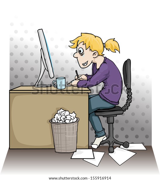 Girl Working Hard On Computer Vector Stock Vector (Royalty Free) 155916914