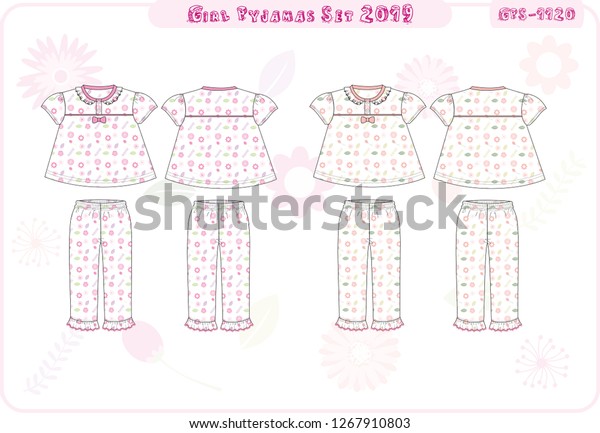 Girls Pyjamas Set 2d Design Sketch: vector de stock (libre de regalías ...