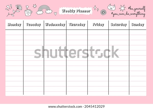 Girls Weekly Planner Template Weekly Schedule Stock Vector (Royalty ...