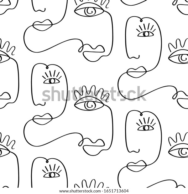 Glamour One Line Drawing Women Faces Seamless Pattern Vector Lines