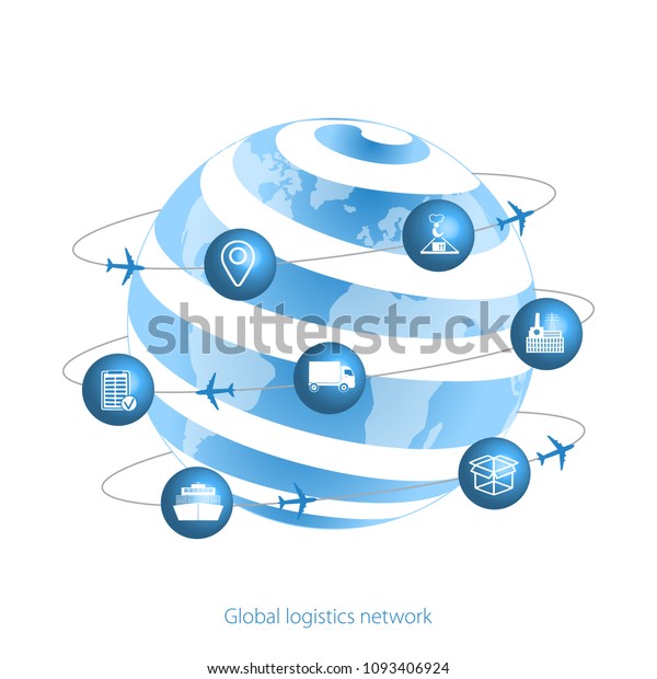 Global logistics network. Planet Earth and logistics icons in the form ...