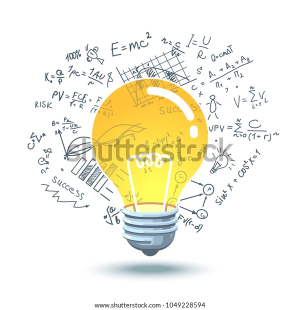 Glowing idea light bulb with science formulas in background concept ...