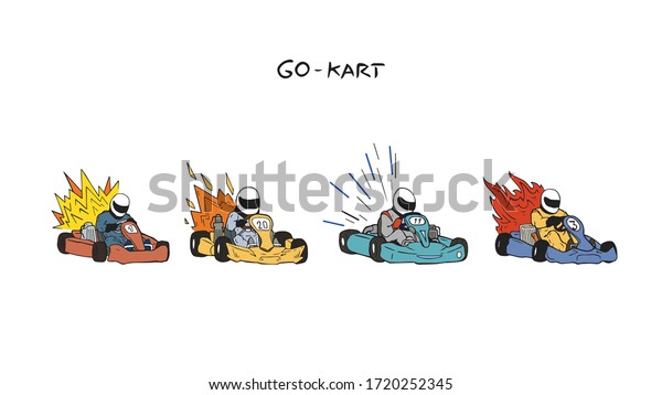 Go kart vehicles set speeding through the track with fire, hand drawn ...