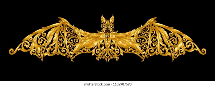 Gold Bat Hand Draw On Black Stock Vector (Royalty Free) 1132987598