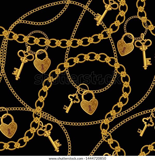 Gold chains, keys and locks of love. Vector seamless pattern. Vintage ...