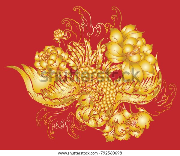Gold Phoenix Fire Bird Peony Flower Stock Vector (Royalty Free ...