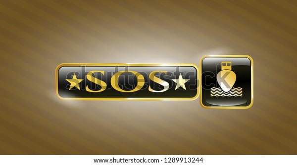 Golden Badge Ship Icon Sos Text: vector de stock (libre de regalías ...