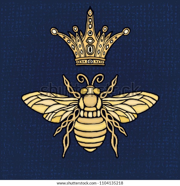 Golden Embroidery Patch Bee Crown Bumblebee Stock Vector (Royalty Free ...