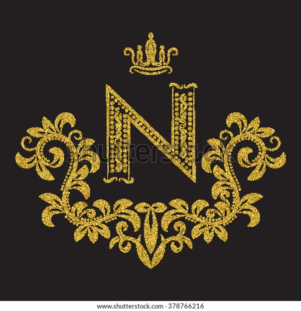 Golden Glittering Letter N Monogram Vintage : image vectorielle de ...