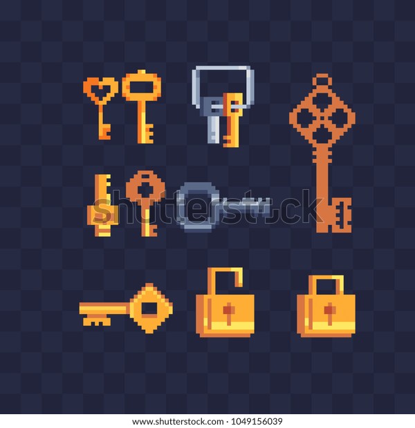 Golden keys with keychain and locks pixel art icons set. Vintage key ...