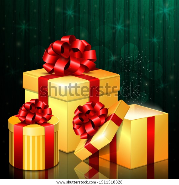 Golden Open Gift Boxes Red Bow Stock Vector (Royalty Free) 1511518328 ...