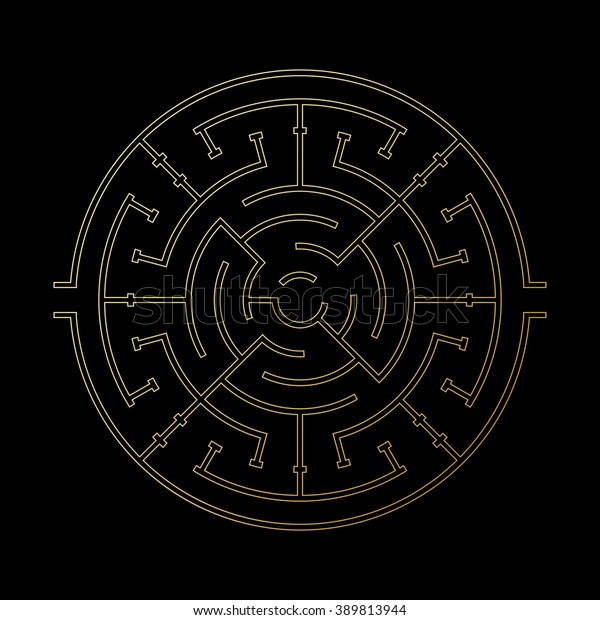 Golden round maze. Two right ways labyrinth. Gold color shape at black ...