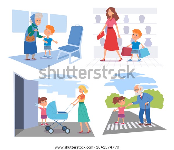 Good Children Help People Set Courteous Stock Vector (Royalty Free ...