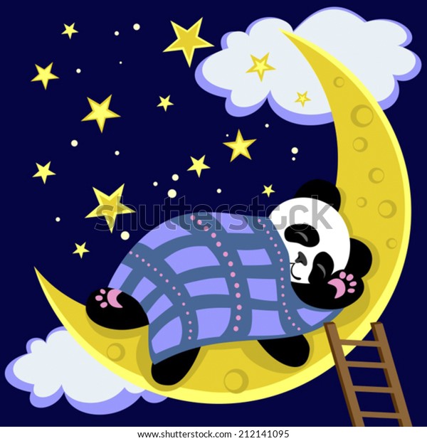 Good night card with the cute sleeping panda on the moon. Vector ...