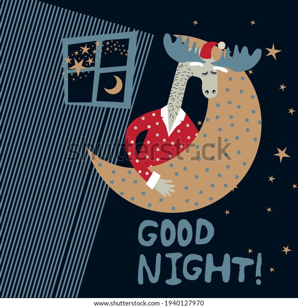 Good Night Moose Sleeps On Moon Stock Vector (Royalty Free) 1940127970 ...