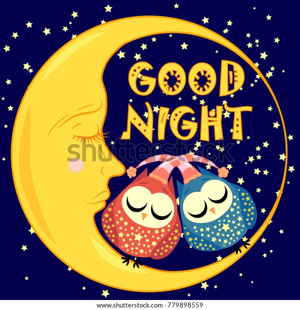 Good Night Postcard Dozing Crescent Two Stock Vector (Royalty Free ...