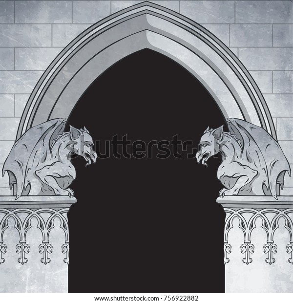 Gothic Arch Gargoyles Hand Drawn Vector: เวกเตอร์สต็อก (ปลอดค่า ...