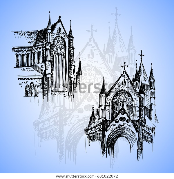 Gothic Architecture Hand Drawn Gothic Cathedral Stock Vector (Royalty ...
