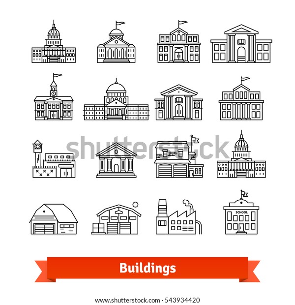 Government Educational Public Building Set Thin Stock Vector (Royalty ...