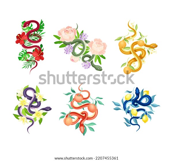 Graceful Snakes Coiled Around Beautiful Blooming Stock Vector (Royalty ...