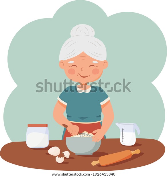 Grandma Cooking Vector Flat Style Cartoon: เวกเตอร์สต็อก (ปลอดค่า ...