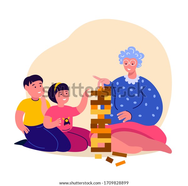 Grandmother Granny Playing Board Game Grandchldren Stock Vector ...