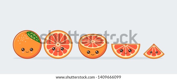 Grapefruit Cute Kawaii Mascot Set Funny Stock Vector (Royalty Free ...