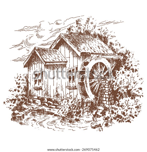 Graphic Illustration Water Mill Illustration เวกเตอร์สต็อก (ปลอดค่า ...