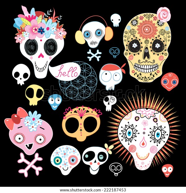 Graphic Set Funny Skull On Black Stock Vector (Royalty Free) 222187453 ...