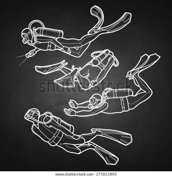 Graphic Set Scuba Divers Drawn Line Stock Vector (Royalty Free) 375815803